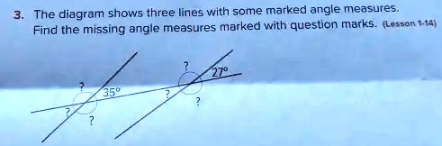 SOLVED: The diagram shows three lines with some marked angle measures. Find the missing angle ...