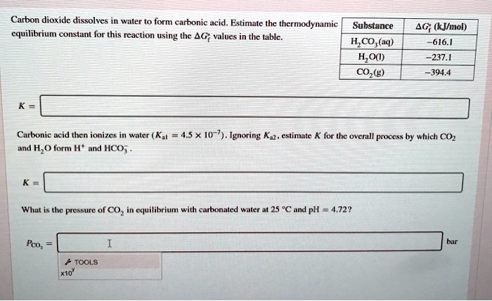 SOLVED: Carbon dioxide dissolves in water to form carbonie acid, Estimate thc thcrmodynaric ...