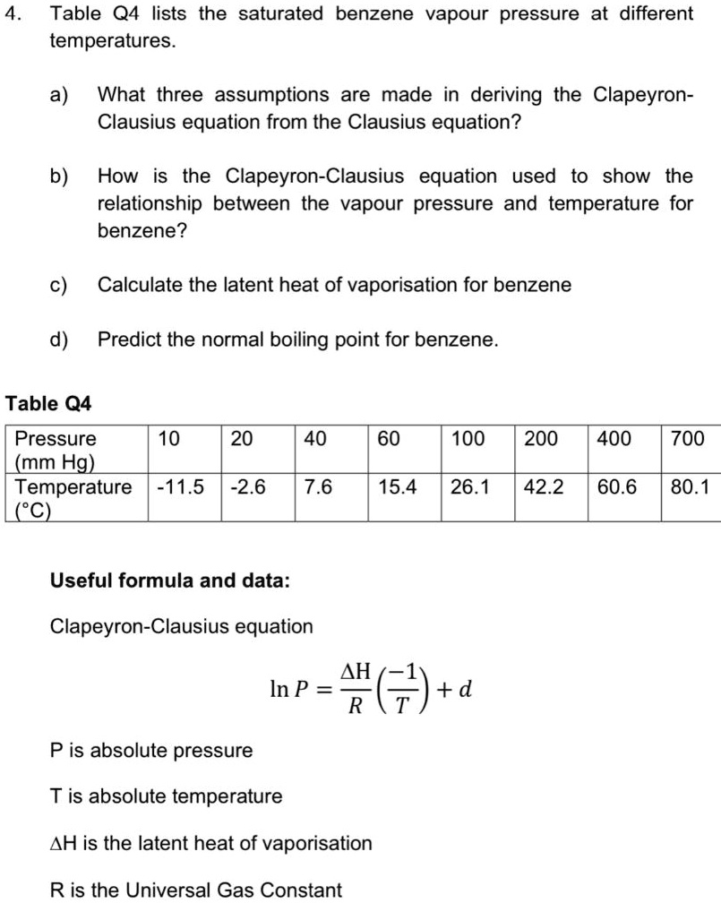 SOLVED: 4. Table Q4 lists the saturated benzene vapour pressure at different temperatures. a ...