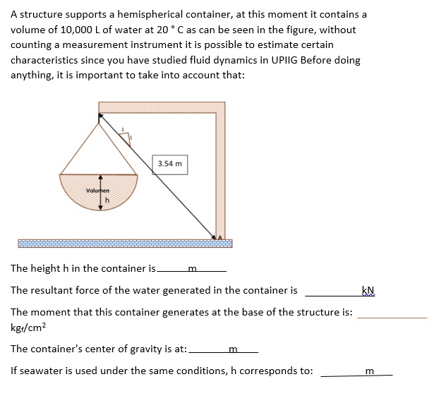 SOLVED: A structure supports a hemispherical container. At this moment, it contains a volume of ...