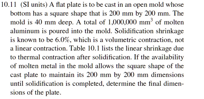 10.11 (SI units) A flat plate is to be cast in an open mold whose ...