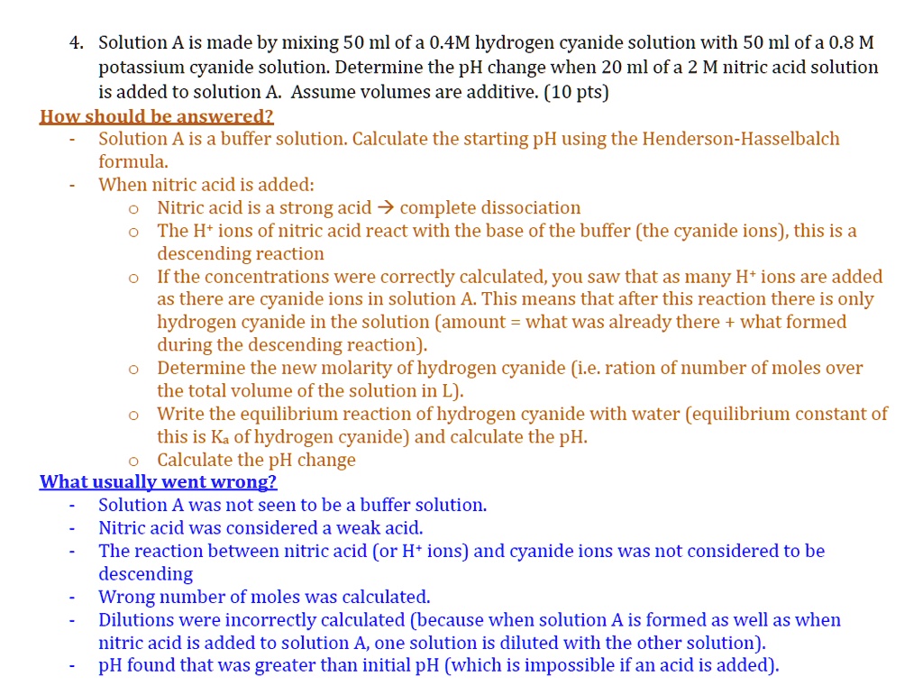SOLVED: Solution A is made by mixing 50 ml of a 0.4 M hydrogen cyanide solution with 50 ml of a ...