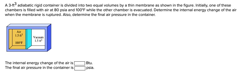 SOLVED: A 3-ft3 adiabatic rigid container is divided into two equal volumes by a thin membrane ...