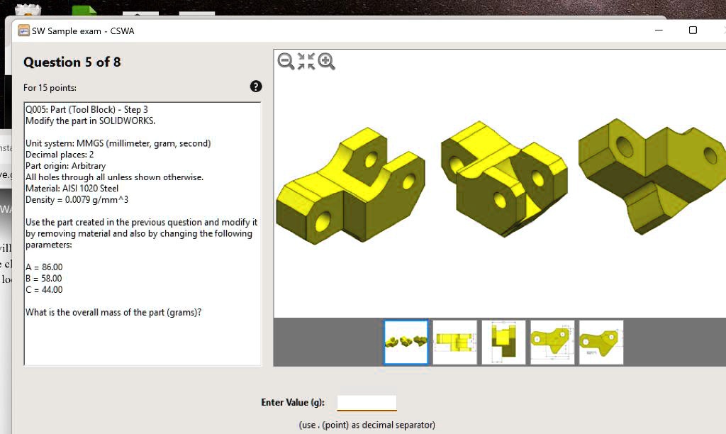 SW Sample exam - CSWA Question 5 of 8 For 15 points: Q005: Part (Tool Block) - Step 3 Modify the ...