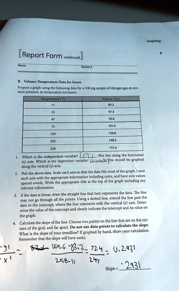 report form continued name section b volume temperature data for gases prepare a graph using the ...