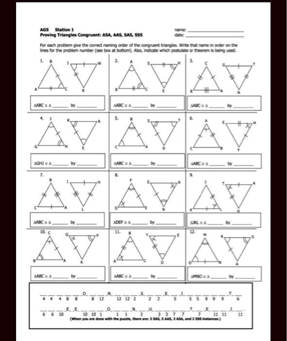 AGS Station 1 Proving Triangles Congruent: ASA, AAS, SAS, SSS name ...