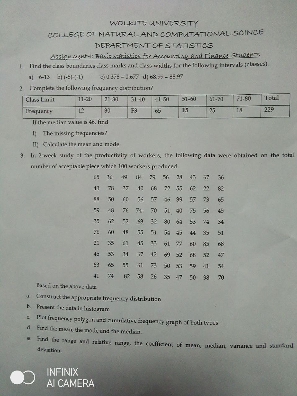 WOLKITE UNIVERSITY COLLEGE OF NATURAL AND COMPUTATIONAL SCINCE DEPARTMENT OF STATISTICS ...