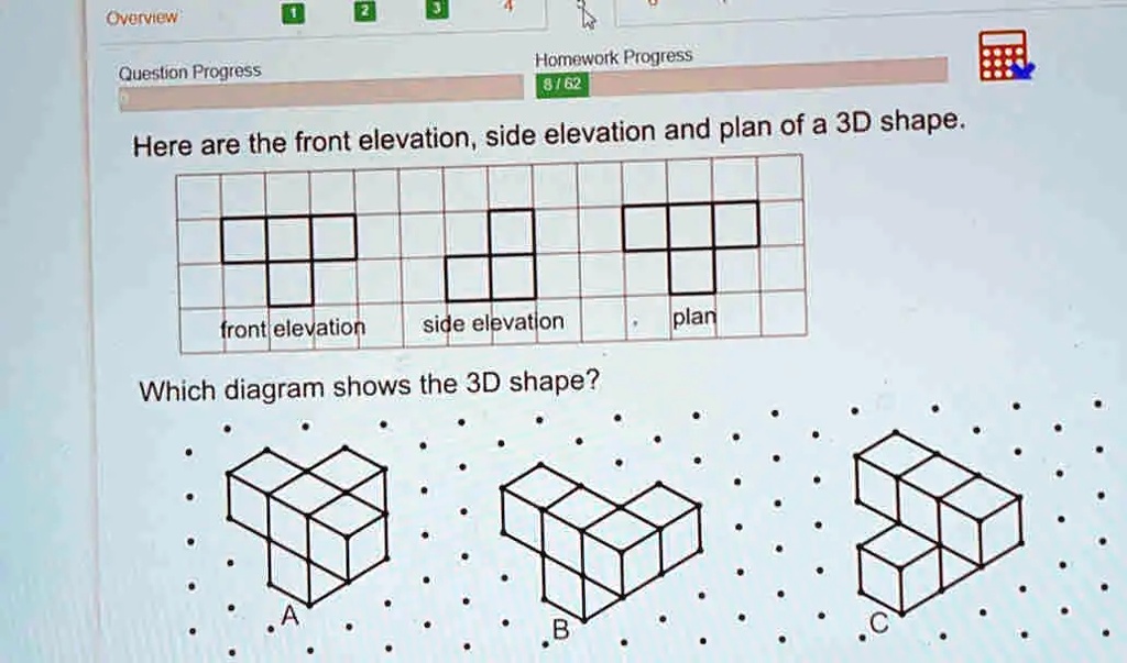 SOLVED: Overview Homework Progress 8162 Question Progress Here are the front elevation, side ...