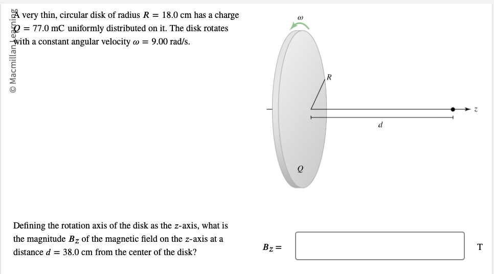 A very thin, circular disk of radius R=18.0 cm has a charge Q=77.0 mC uniformly distributed on ...