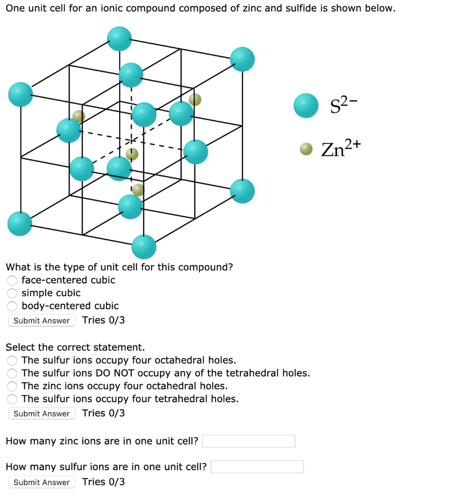 SOLVED: One unit cell for an ionic compound composed of zinc and ...