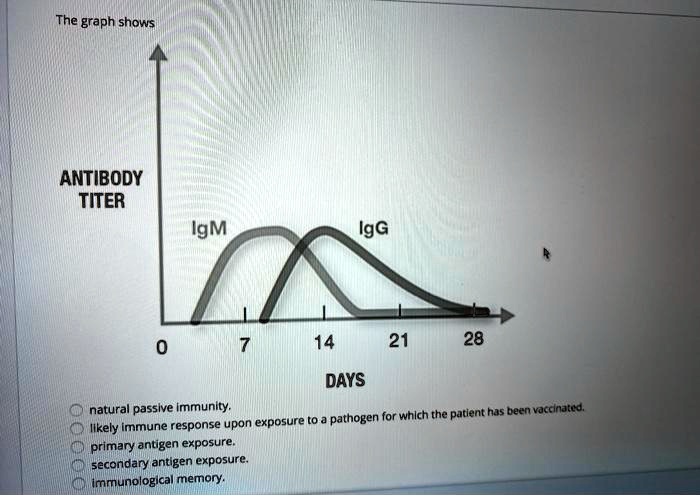 SOLVED:The graph shows ANTIBODY TITER IgM IgG 14 21 28 DAYS natural ...