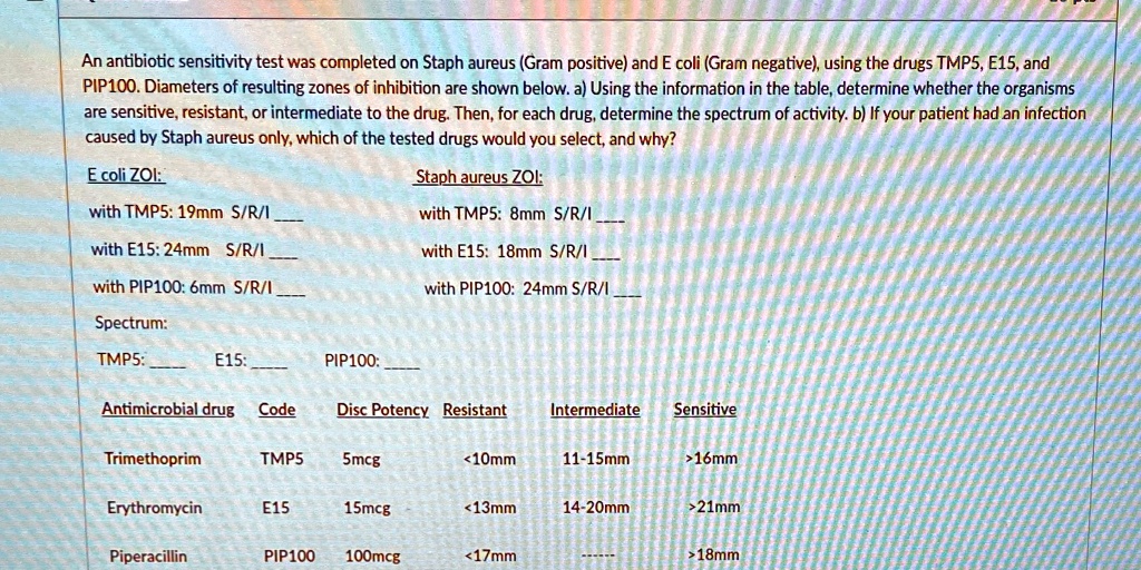 SOLVED: An antibiotic sensitivity test was completed on Staph aureus ...