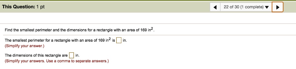 Find the smallest perimeter and the dimensions for a rectangle with an ...