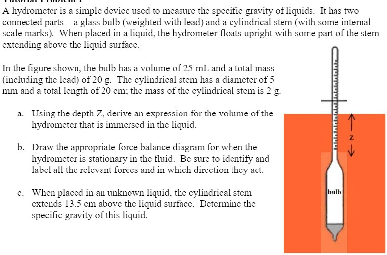 A hydrometer is a simple device used to measure the specific gravity of ...