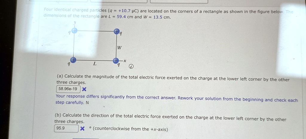 four identical charged particles q 107 mu c are located on the corners ...