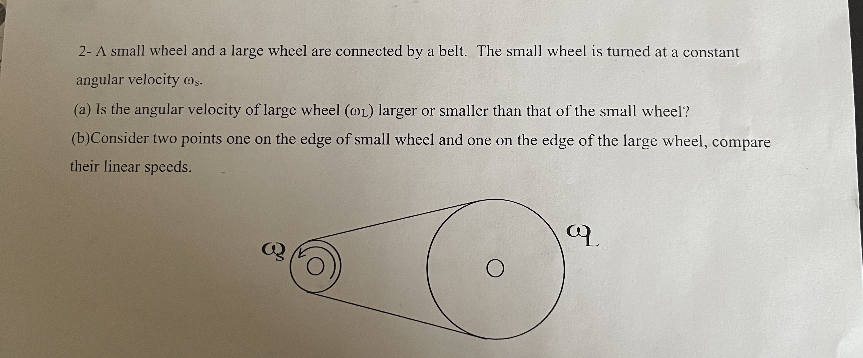 SOLVED: 2- A small wheel and a large wheel are connected by a belt. The small wheel is turned at ...