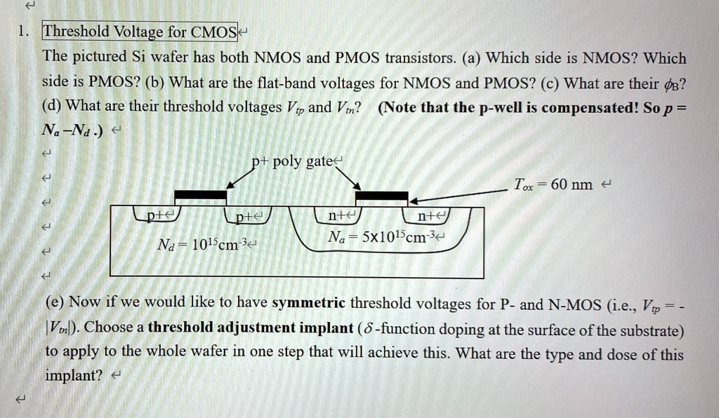 1. Threshold Voltage for CMOS The pictured Si wafer has both NMOS and ...