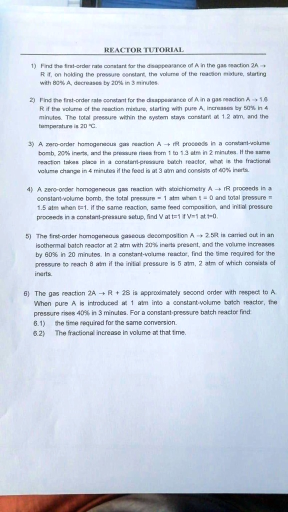 Question 5 Reactortutorial 1 Find The First Order Rate Constant For The