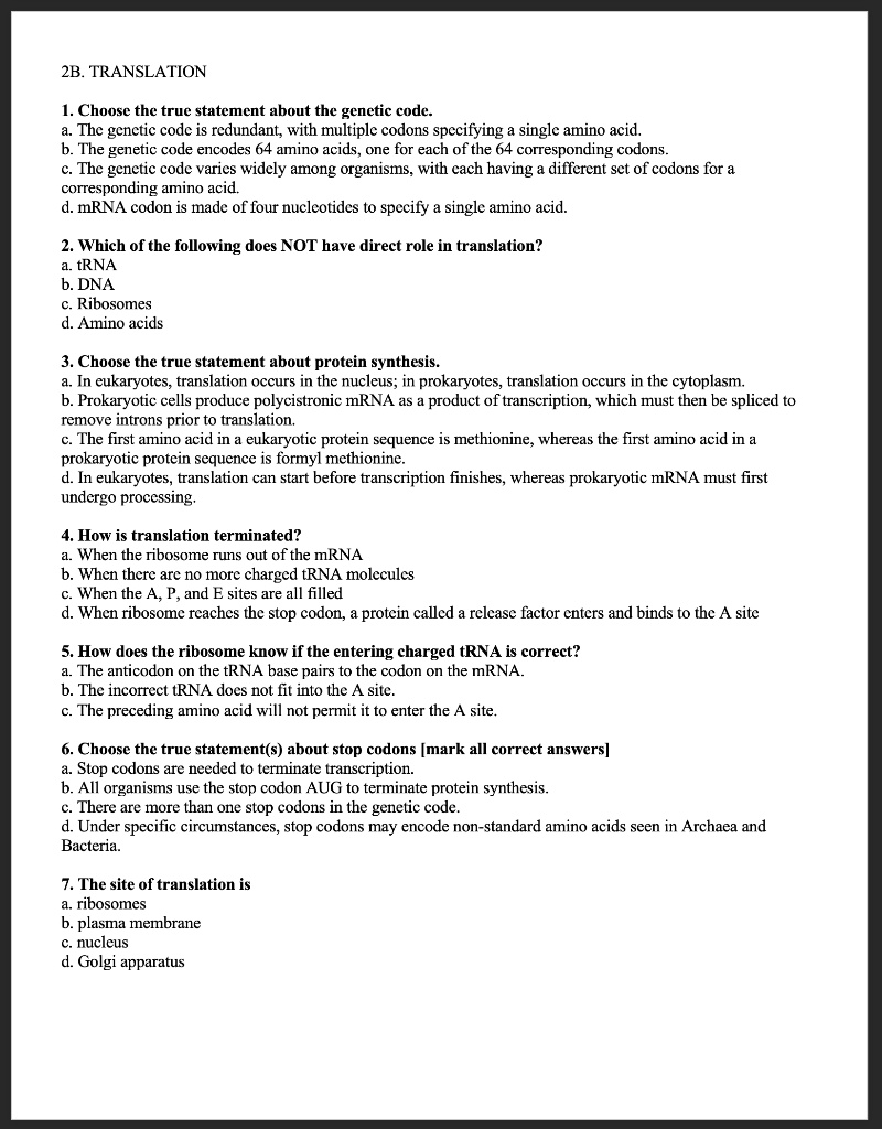 Solved 1 Choose The True Statement About The Genetic Code A The Genetic Code Is Redundant