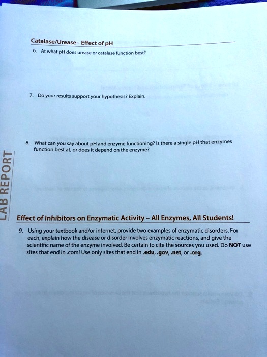 SOLVED: Catalase/Urease Effect of pH: At what pH does Urease catalase ...