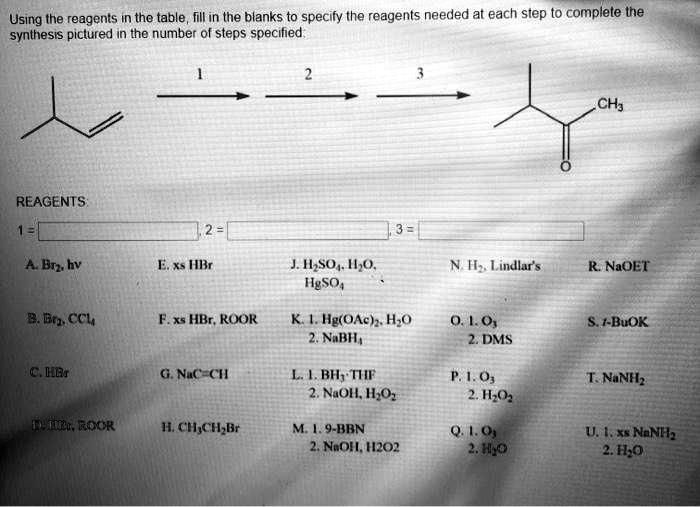 using he reagents in the table fll in the blanks to specify the ...