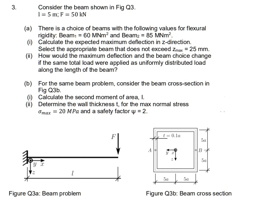3. Consider the beam shown in Fig Q3. l = 5 m; F = 50 kN (a) There is a choice of beams with the ...