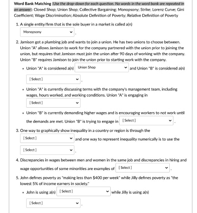 Solved Word Bank Matching Use The Drop Down For Each Question No Words In The Word Bank Are