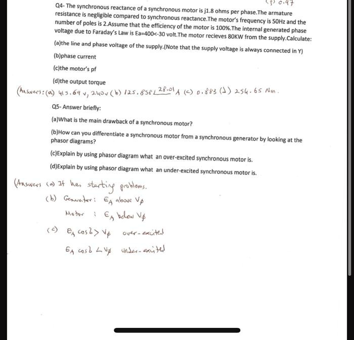 SOLVED: 0.47 Q4 - The synchronous reactance of a synchronous motor is j1.8 ohms per phase. The ...