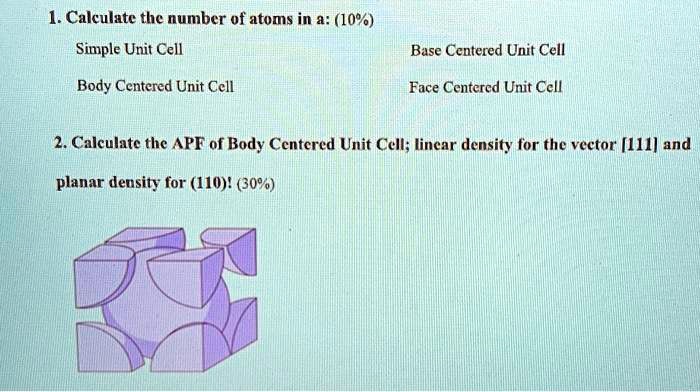 SOLVED: . Calculate the number of atoms in : (10%) Simple Unit Cell Base Centered Unit Cell Body ...