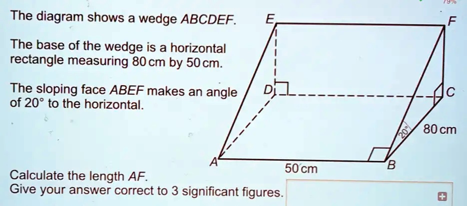 The diagram shows a wedge ABCDEF. The base of the wedge is a horizontal ...