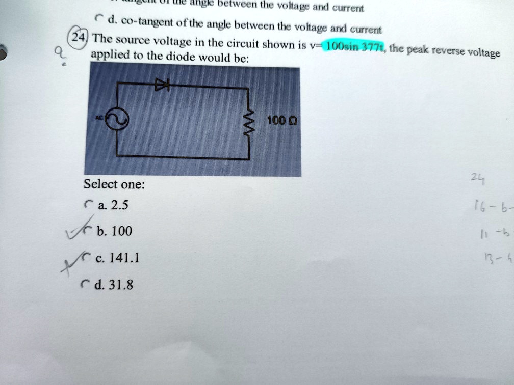 SOLVED: please answer qst 24 gle between the voltage and current C d. co-tangent of the angle ...