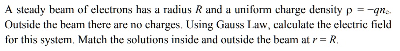 A steady beam of electrons has a radius R and a uniform charge density ...
