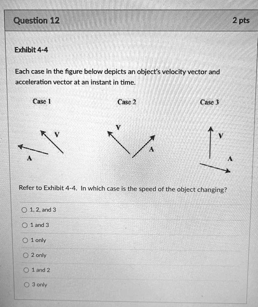 SOLVED: Question 12 2pts Exhibit4-4 Each case in the figure below depicts an object's velocity ...