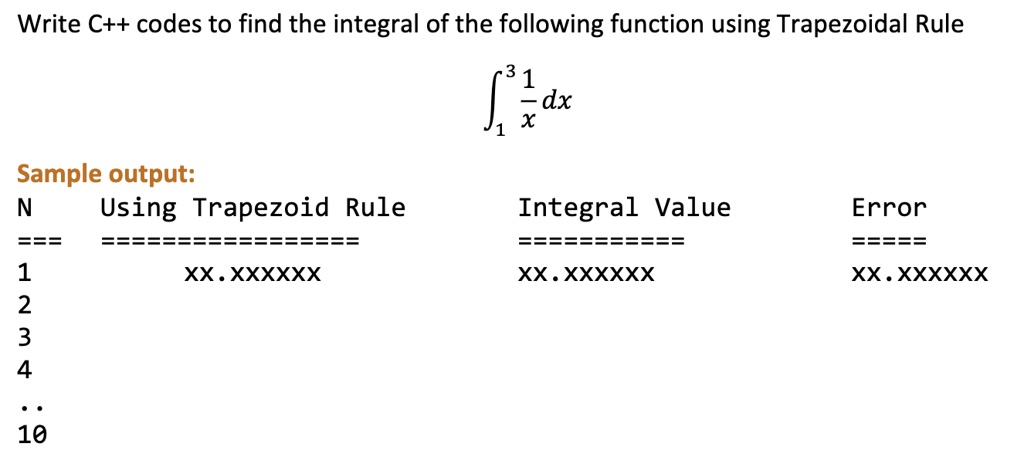 SOLVED: Write C++ code to find the integral of the following function using the Trapezoidal Rule ...