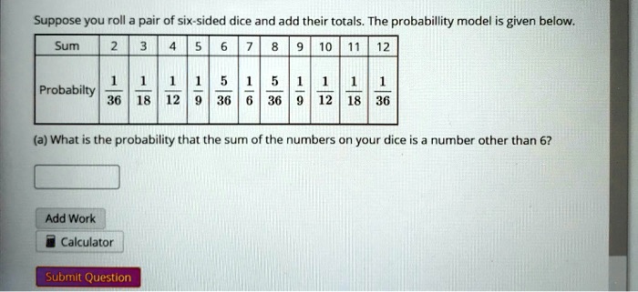 SOLVED: Suppose you roll pair Of six-sided dice and add their totals ...