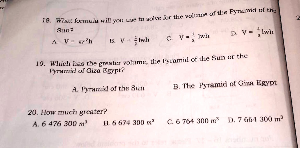 18. What formula will you use to solve for the volume of the Pyramid of ...