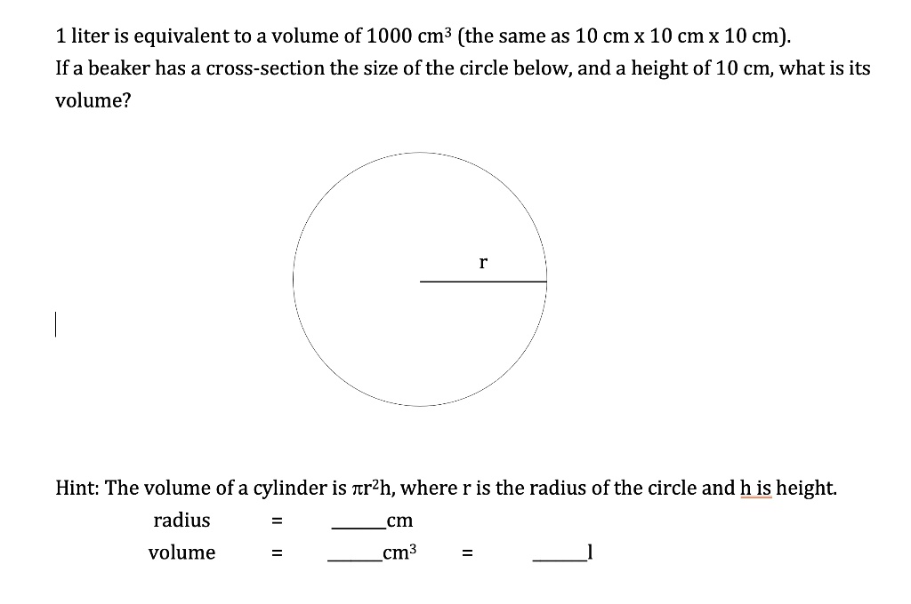 1 liter is equivalent to a volume of 1000 cm3 the same as 10 cm x 10 cm ...