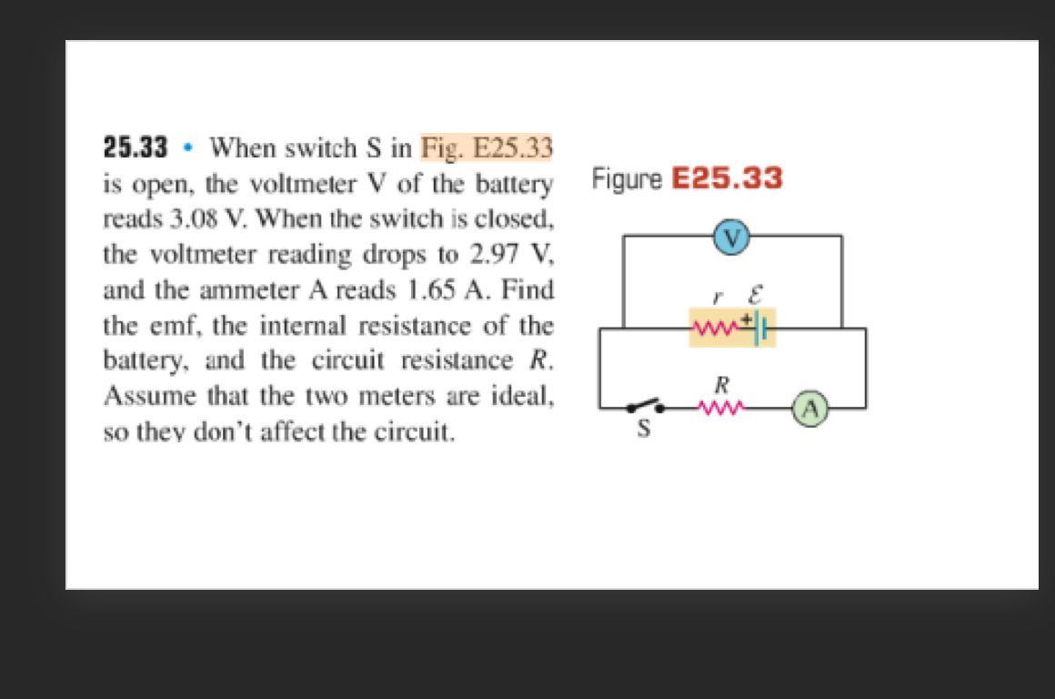 2533 when switch s in fig e2533 is open the voltmeter v of the battery reads 308 v when the ...