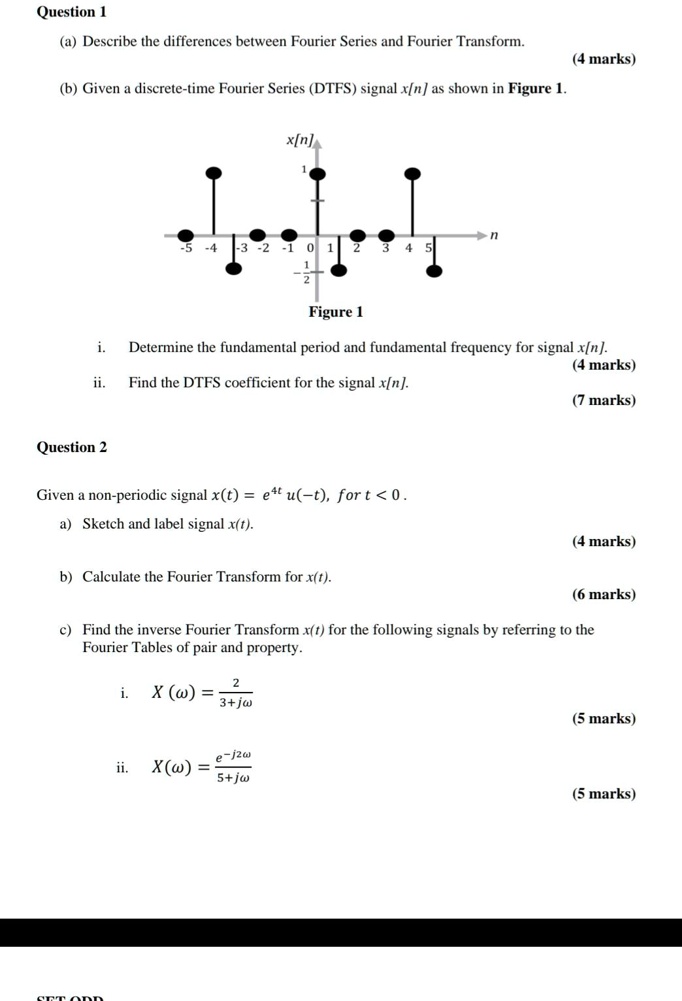 Question 1 (a) Describe the differences between Fourier Series and Fourier Transform. (4 marks ...