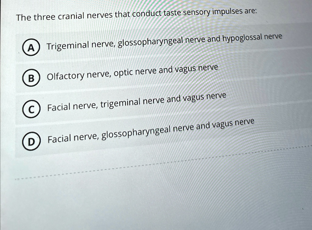 The three cranial nerves that conduct taste sensory impulses are ...