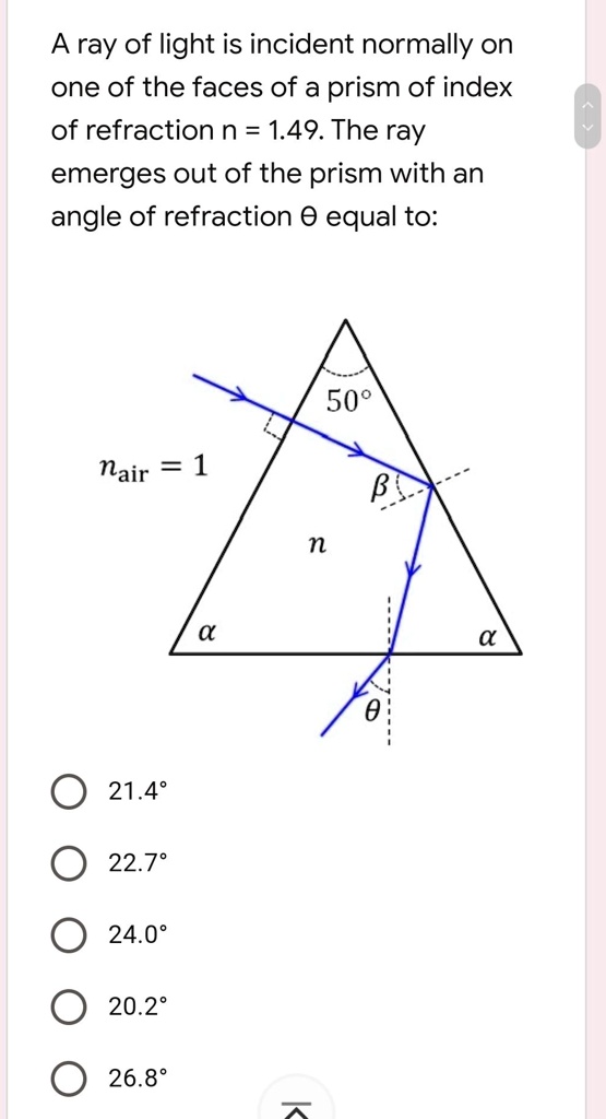SOLVED: A ray of light is incident normally on one of the faces of a prism of index of ...