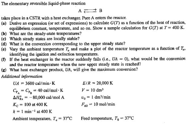 The elementary reversible liquid-phase reaction A B takes place in a CSTR with a heat exchanger ...