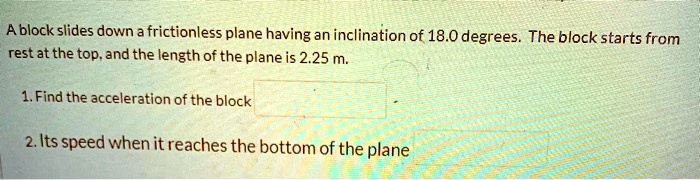 SOLVED: A block slides down a frictionless plane having an inclination of 18.0 degrees. The ...