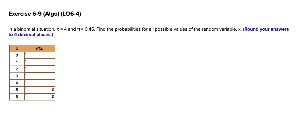 SOLVED: Exercise 6-9 (Algo) (LO6-4) In a binomial situation with n = 4 ...