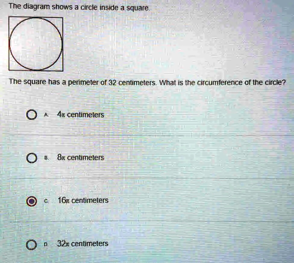 SOLVED: The diagram shows a circle inside a square The square has ...