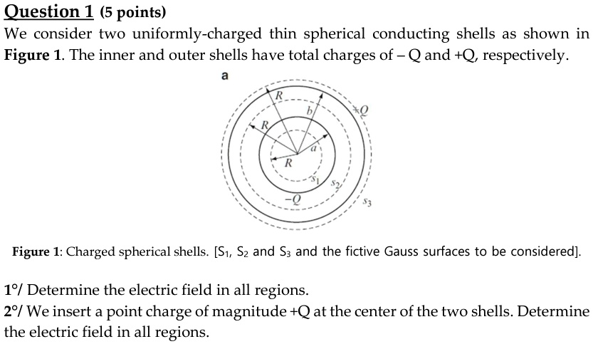 SOLVED: Question 1 (5 points): We consider two uniformly-charged thin spherical conducting ...