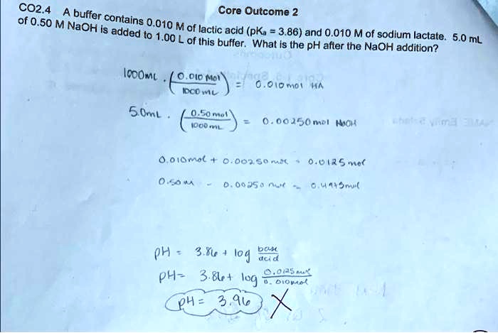 SOLVED: A buffer contains 0.010 M of lactic acid (pKa=3.86) and 0.010 M of sodium lactate. 5.0 ...