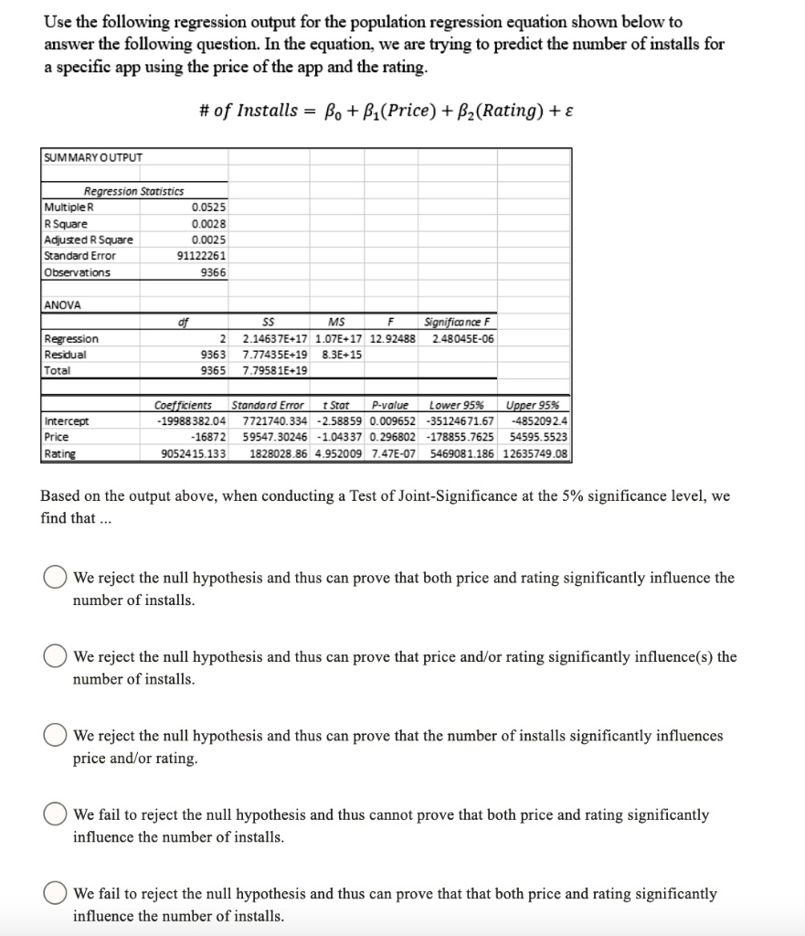 use the following regression output for the population regression equation shown below to answer ...