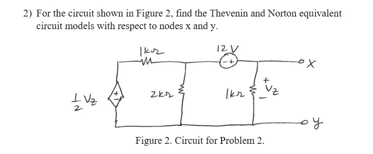 2) For the circuit shown in Figure 2, find the Thevenin and Norton equivalent circuit models ...