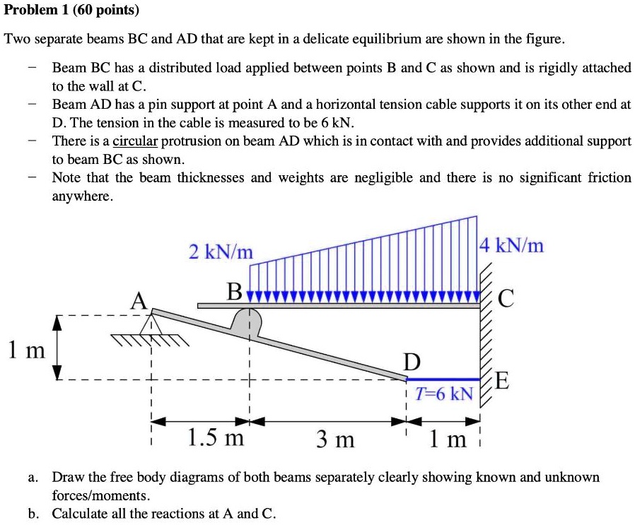 SOLVED: Problem 1 (60 points) Two separate beams BC and AD that are kept in delicate equilibrium ...